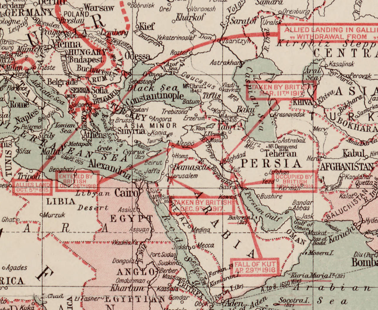 Historic World Map of WWI Conflicts, 1914-1918 - Vintage Map Print ...
