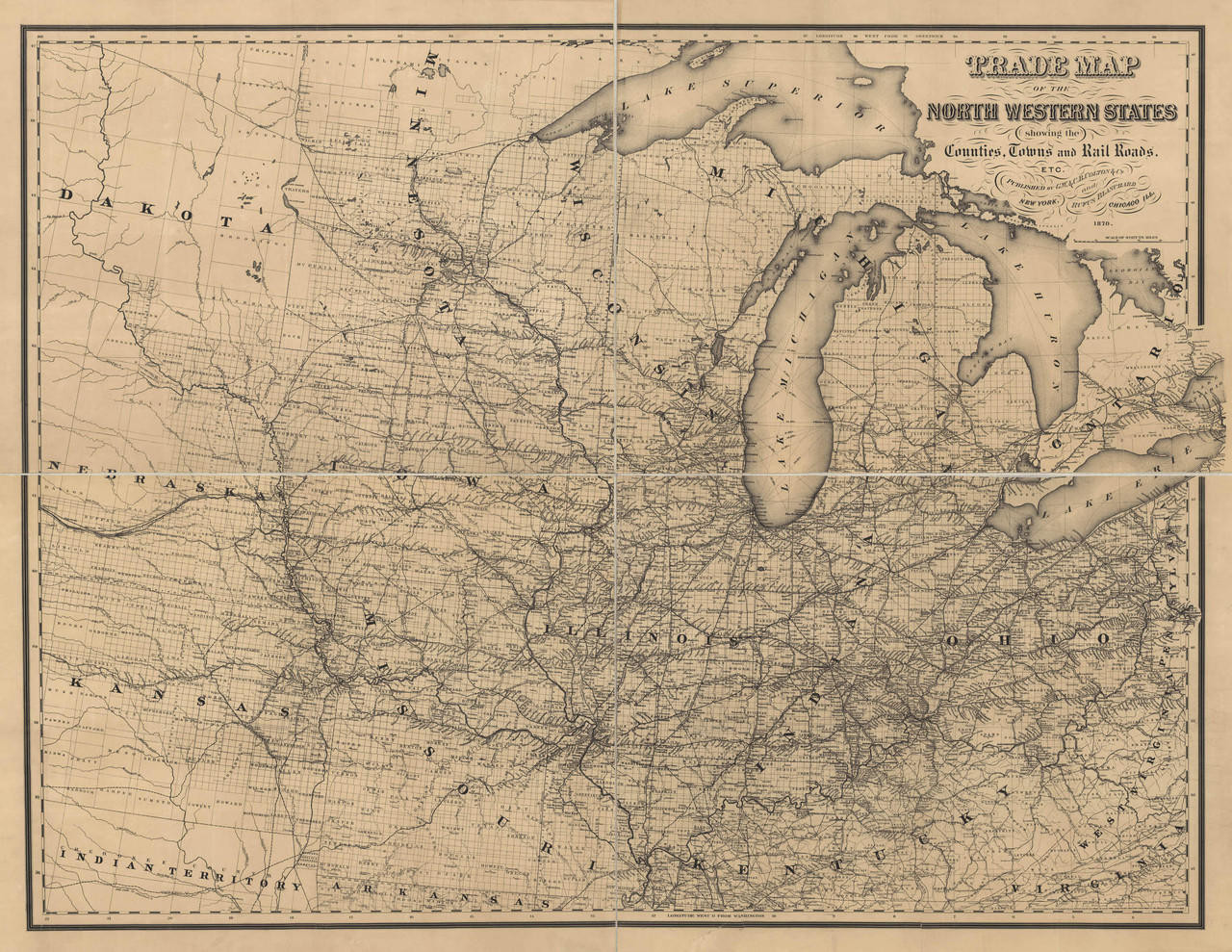 Historic Railroad Map of the North Central United States - 1870 | World ...