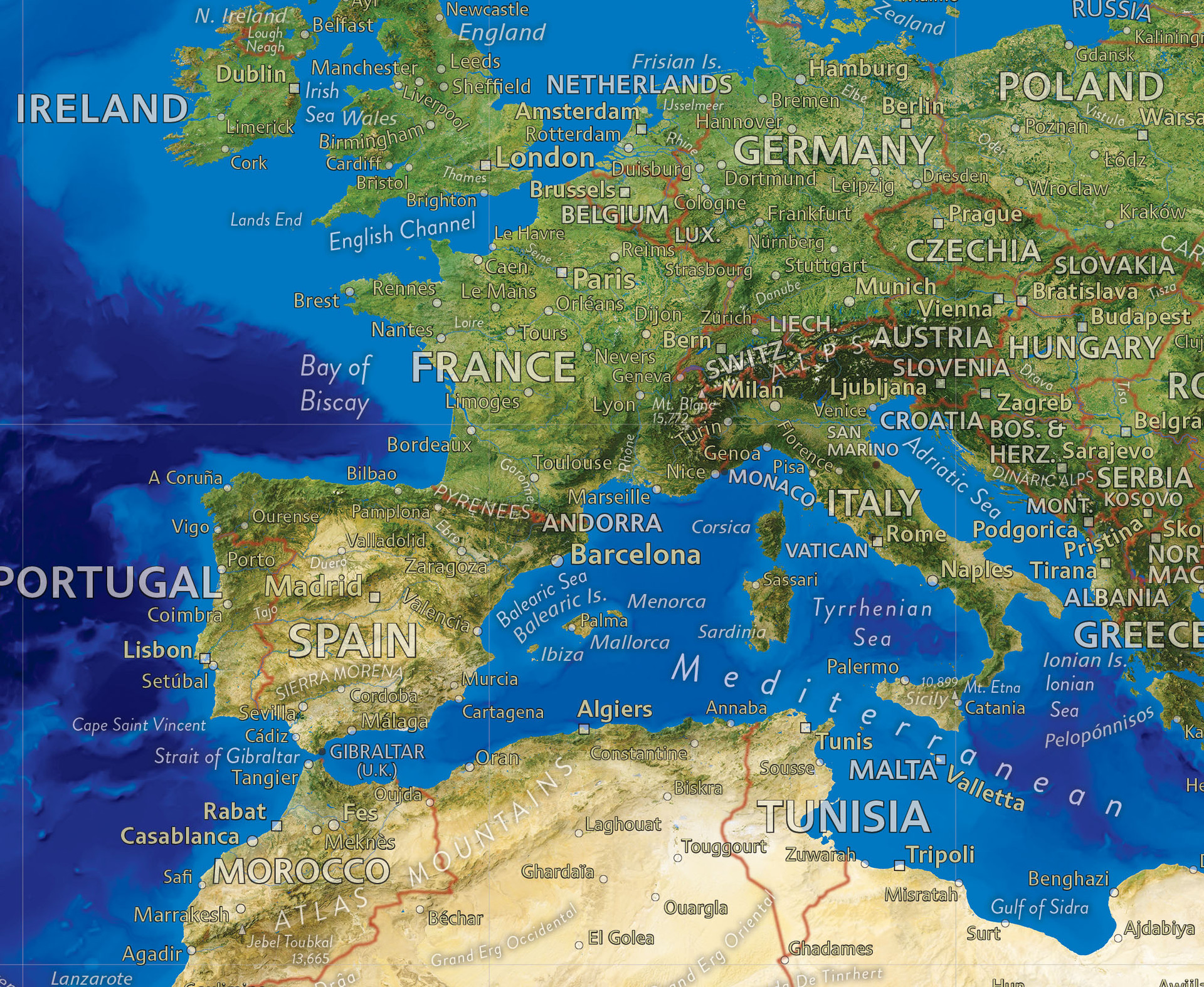 Detailed World Topography & Bathymetry Satellite Image Map Mural ...