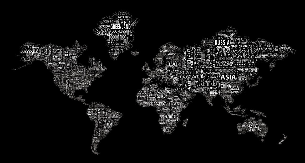 1-World Text Map Mural - White on Black | World Maps Online
