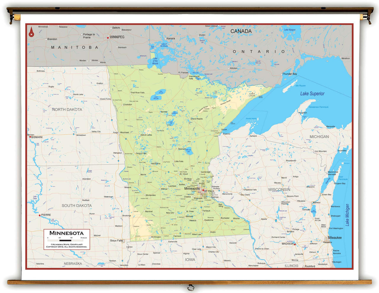 Minnesota Physical Spring Roller Map | World Maps Online