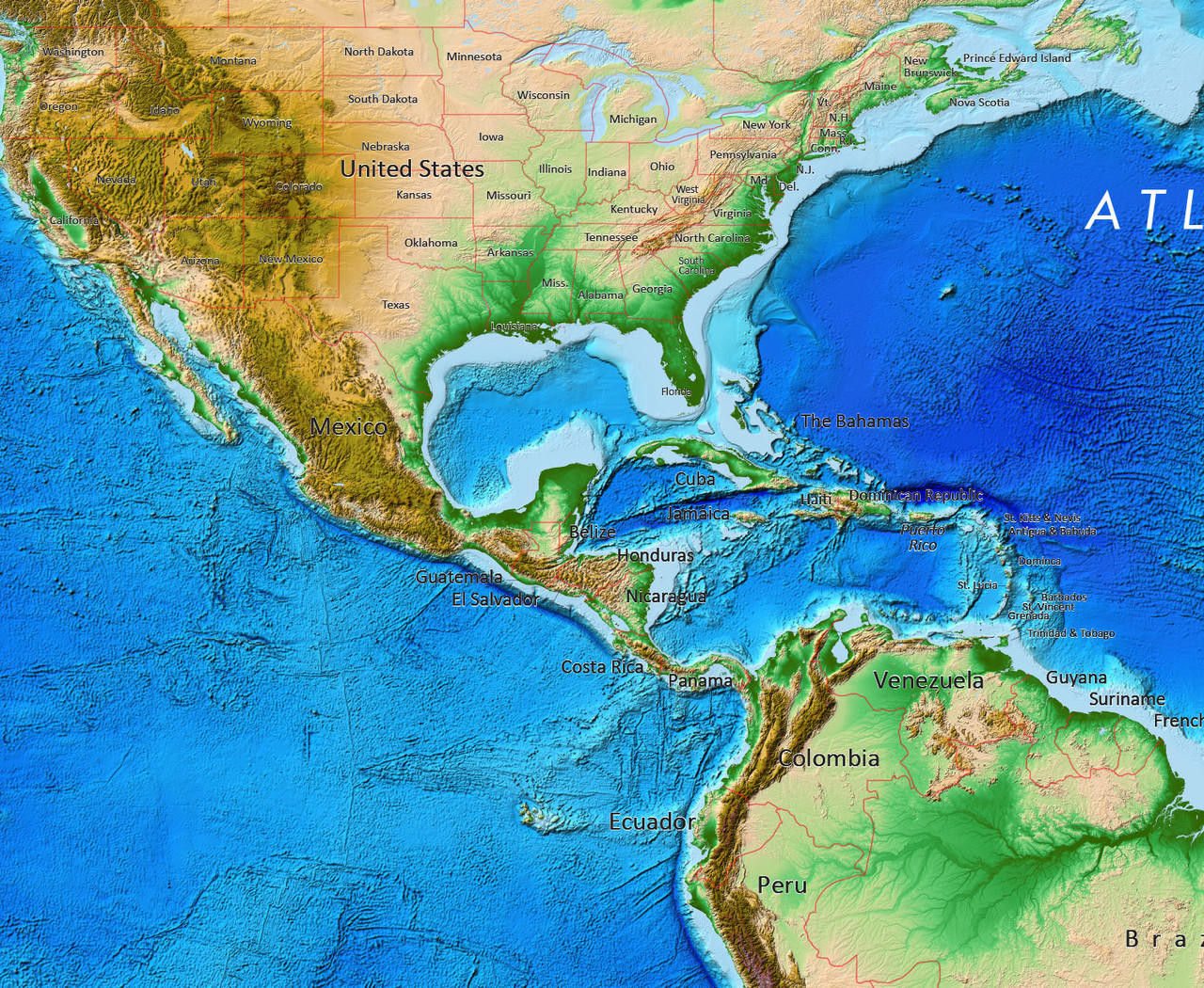 Global Topography & Bathymetry Wall Map w/ Labels and Borders | World ...