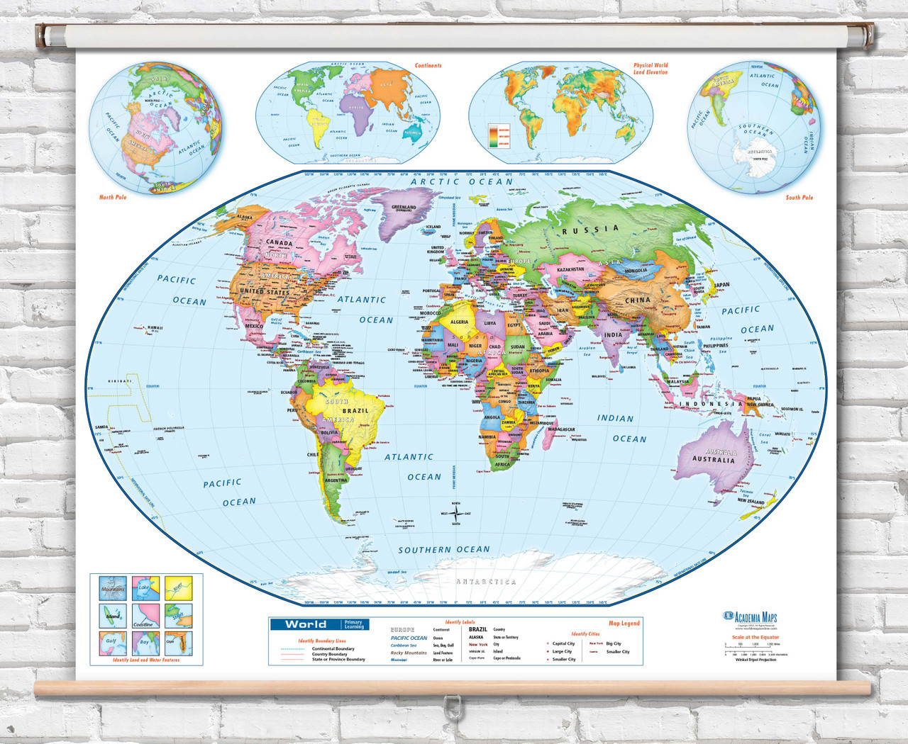 Wisconsin, USA, & World 3-Map Spring Roller Combo Set - Primary ...
