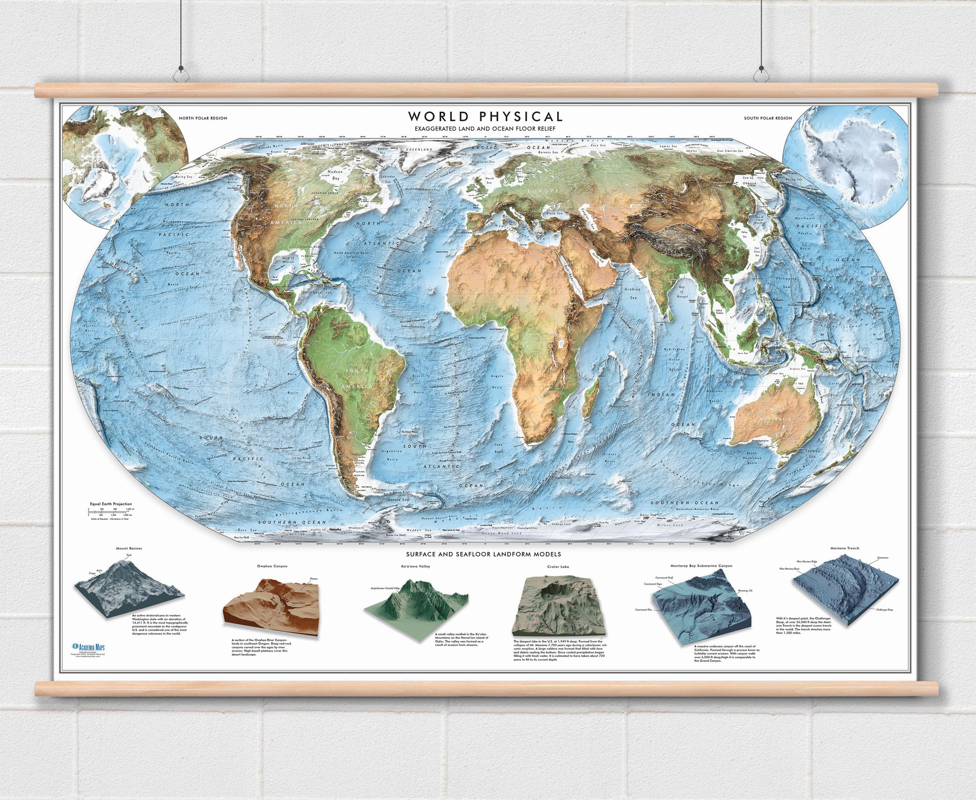 Equal Earth World Wall Map - Physical Exaggerated Shaded Relief