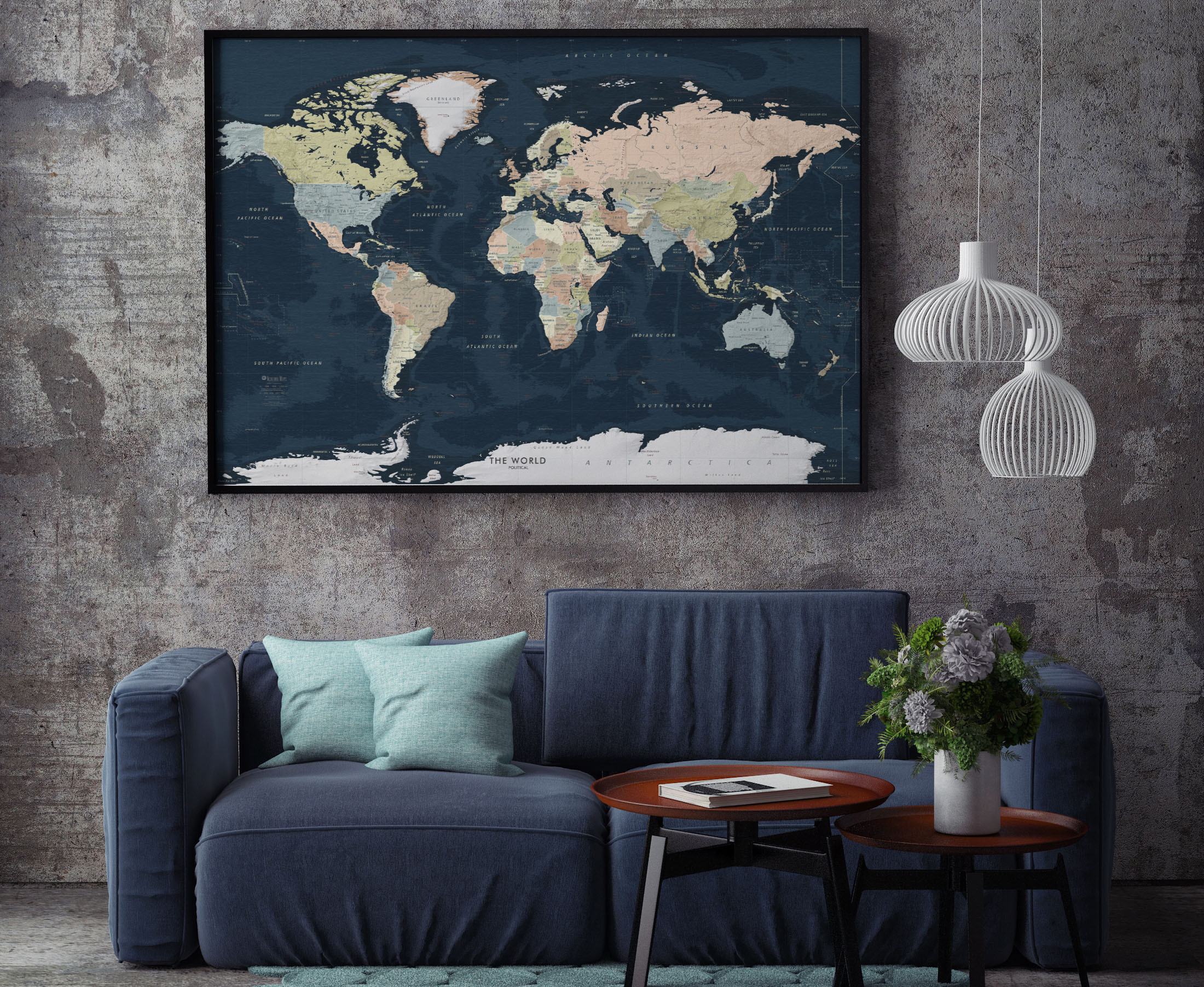 Dark Navy Oceans World Political Wall Map | World Maps Online