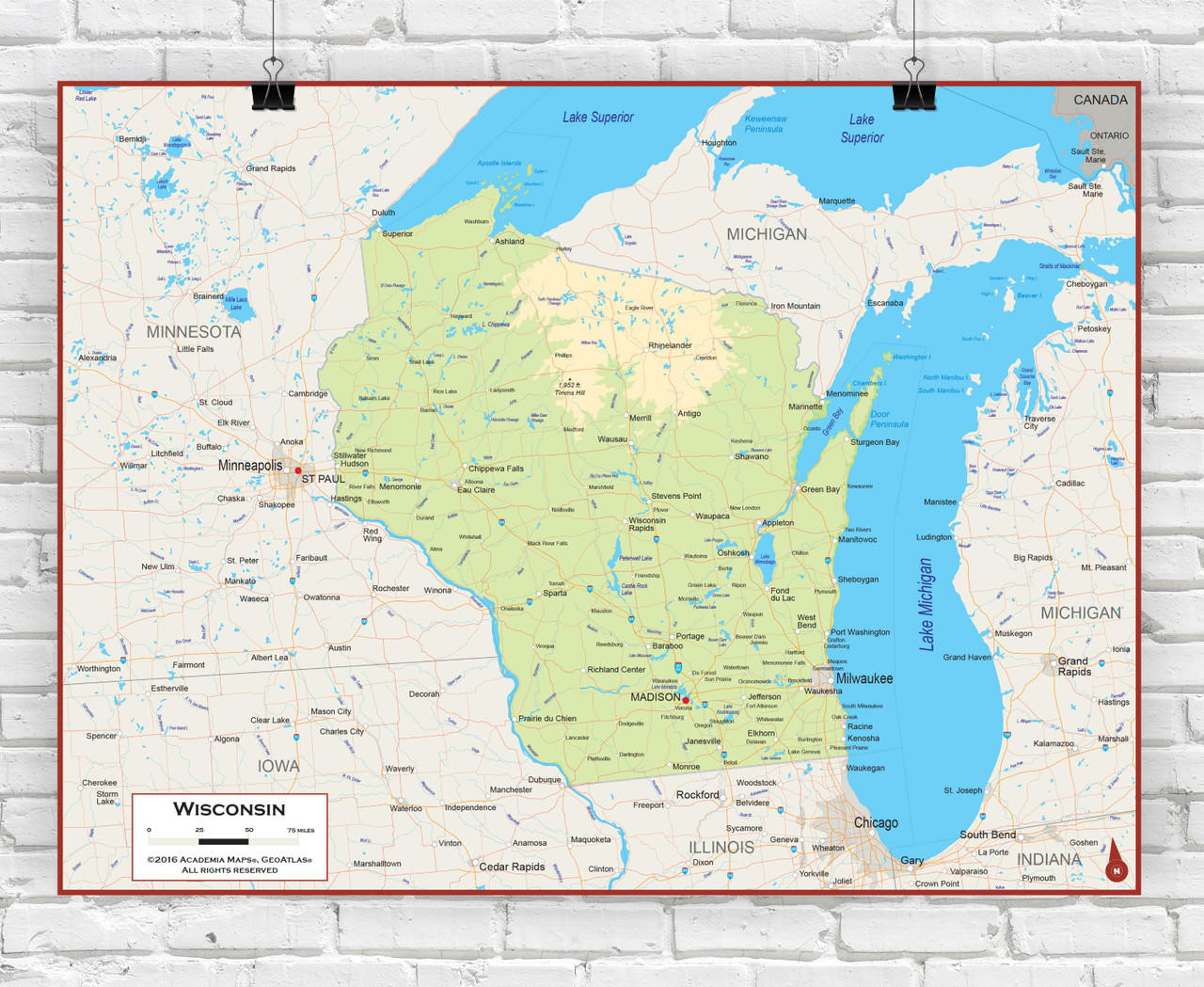 Wisconsin Wall Map - Physical | World Maps Online