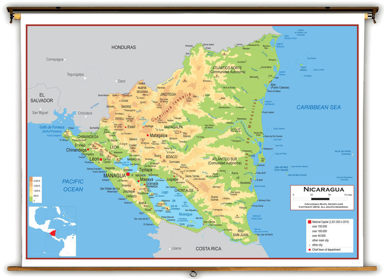 Nicaragua Physical Educational Wall Map from Academia Maps | World Maps Online