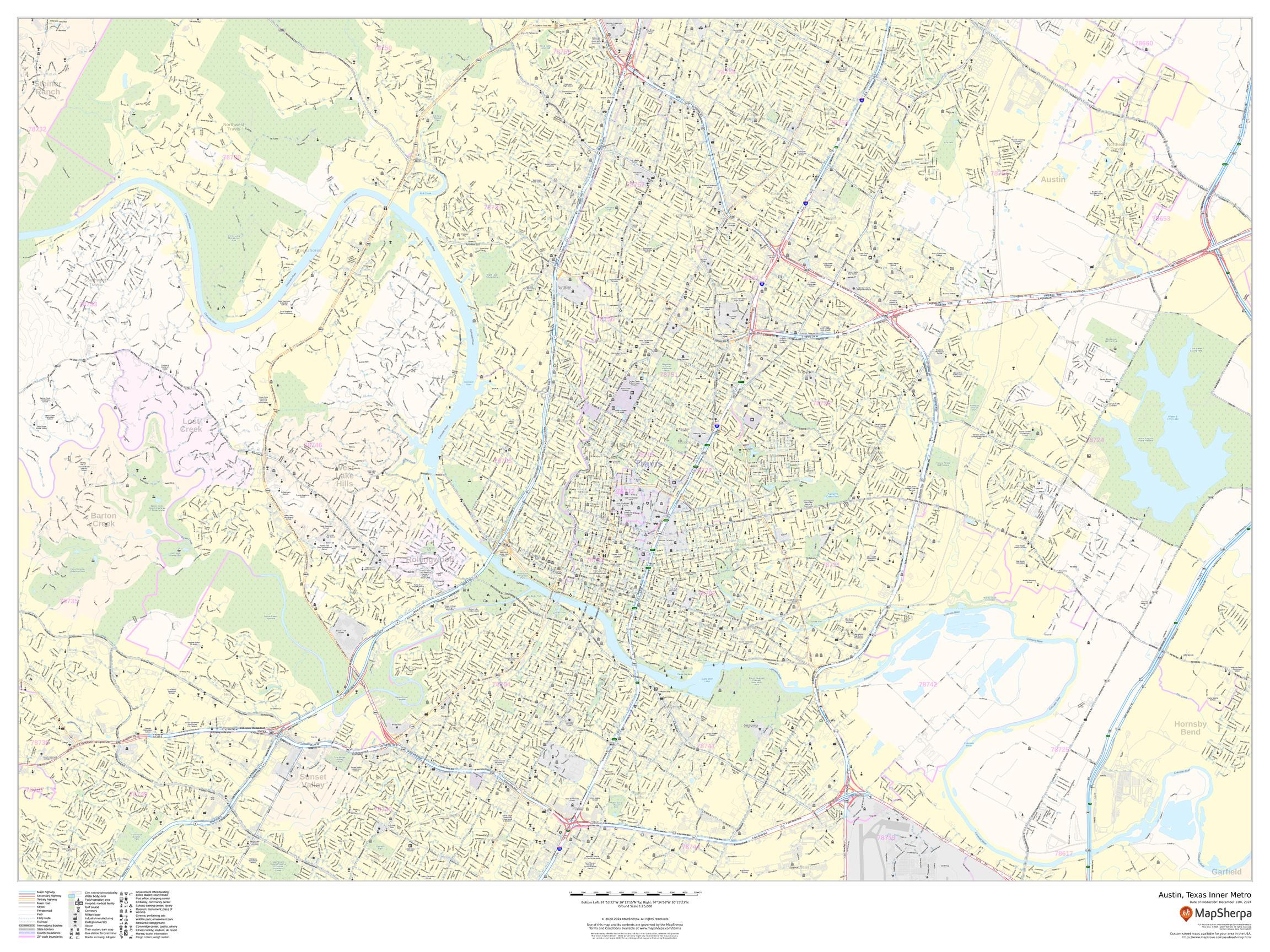 Austin, Texas Inner Metro - Landscape Wall Map