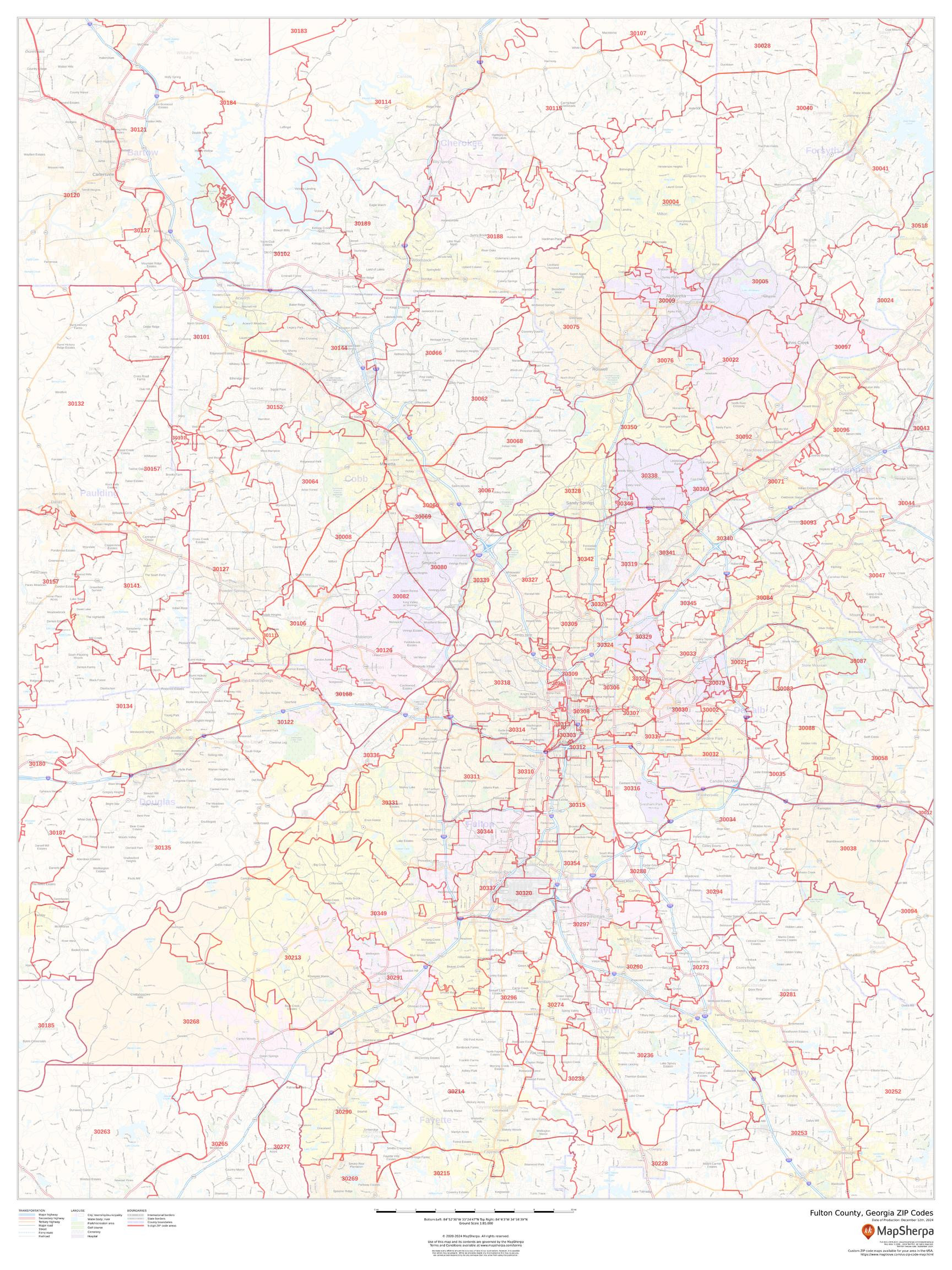 Fulton County, Georgia ZIP Codes Wall Map