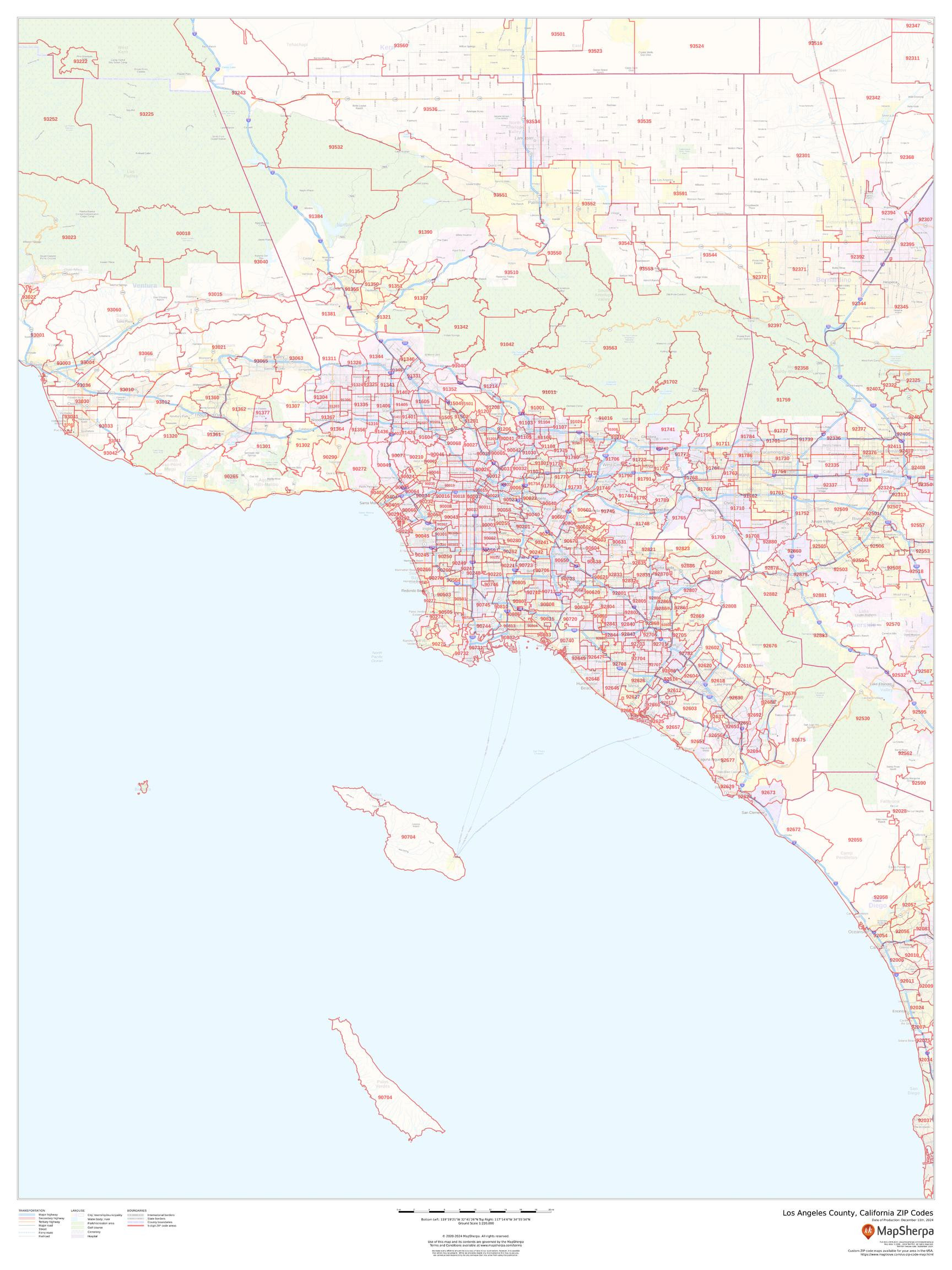 Los Angeles County, California ZIP Codes Wall Map