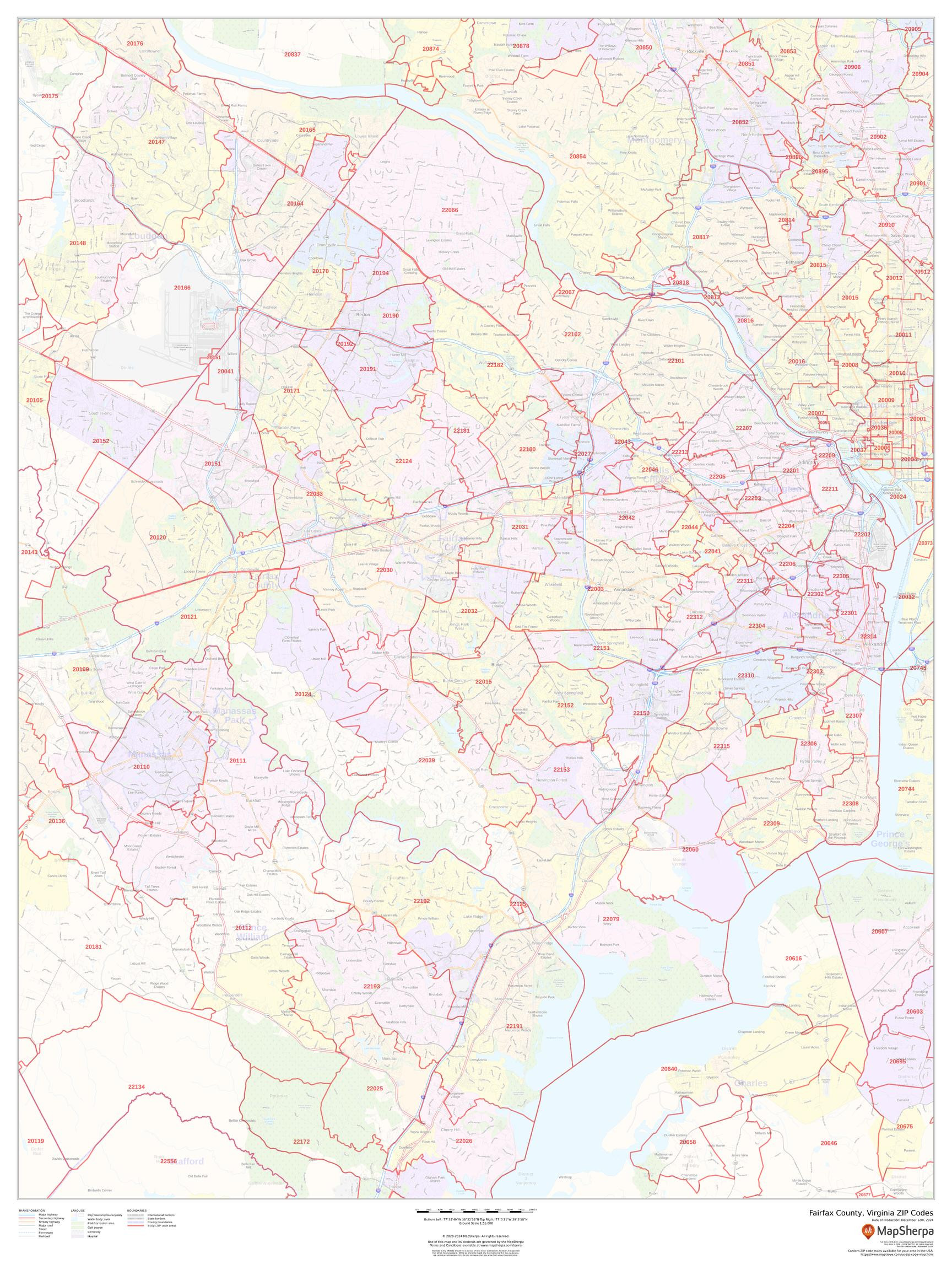 Fairfax County, Virginia ZIP Codes Wall Map
