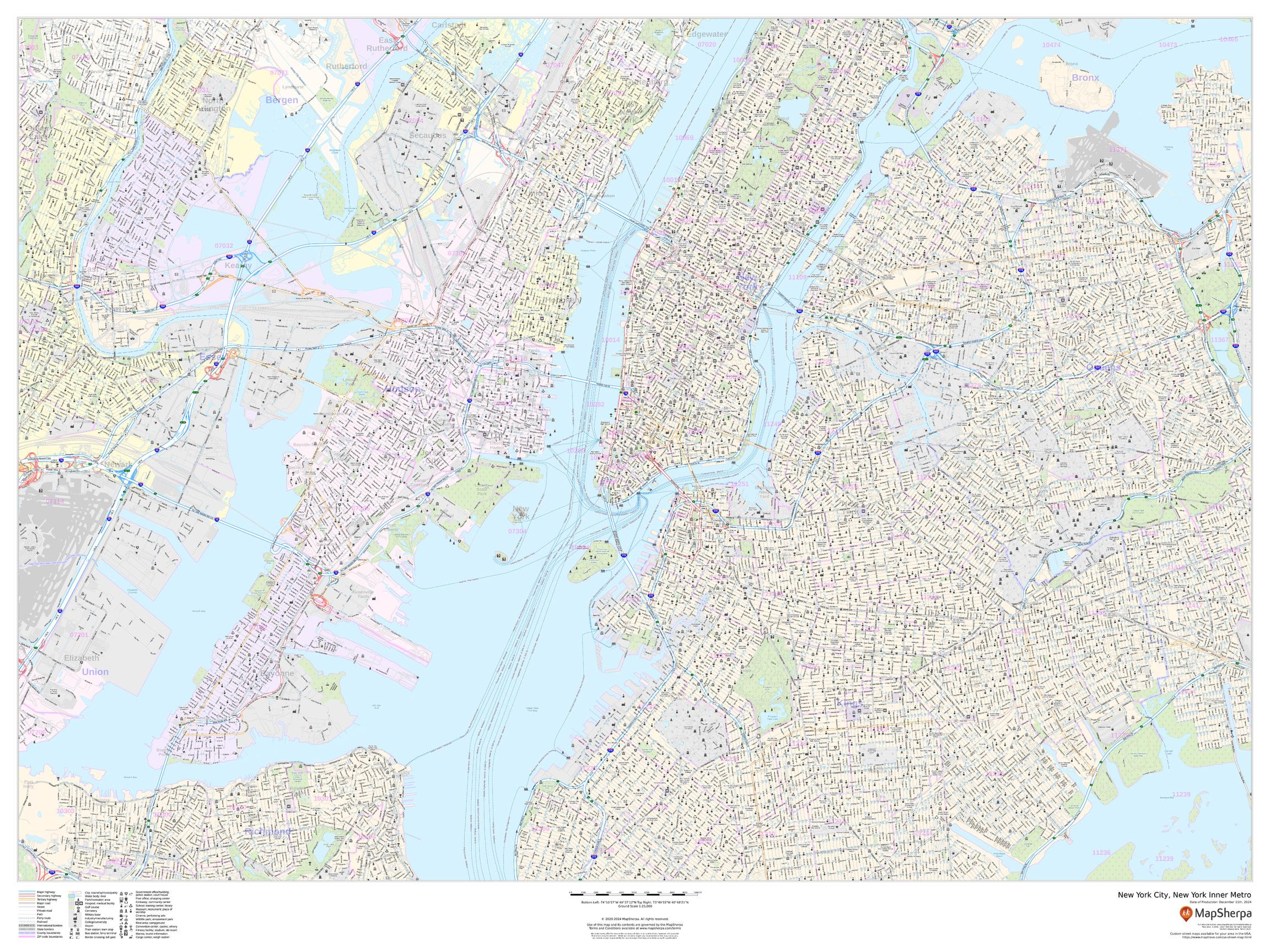 New York City, New York Inner Metro - Landscape Wall Map