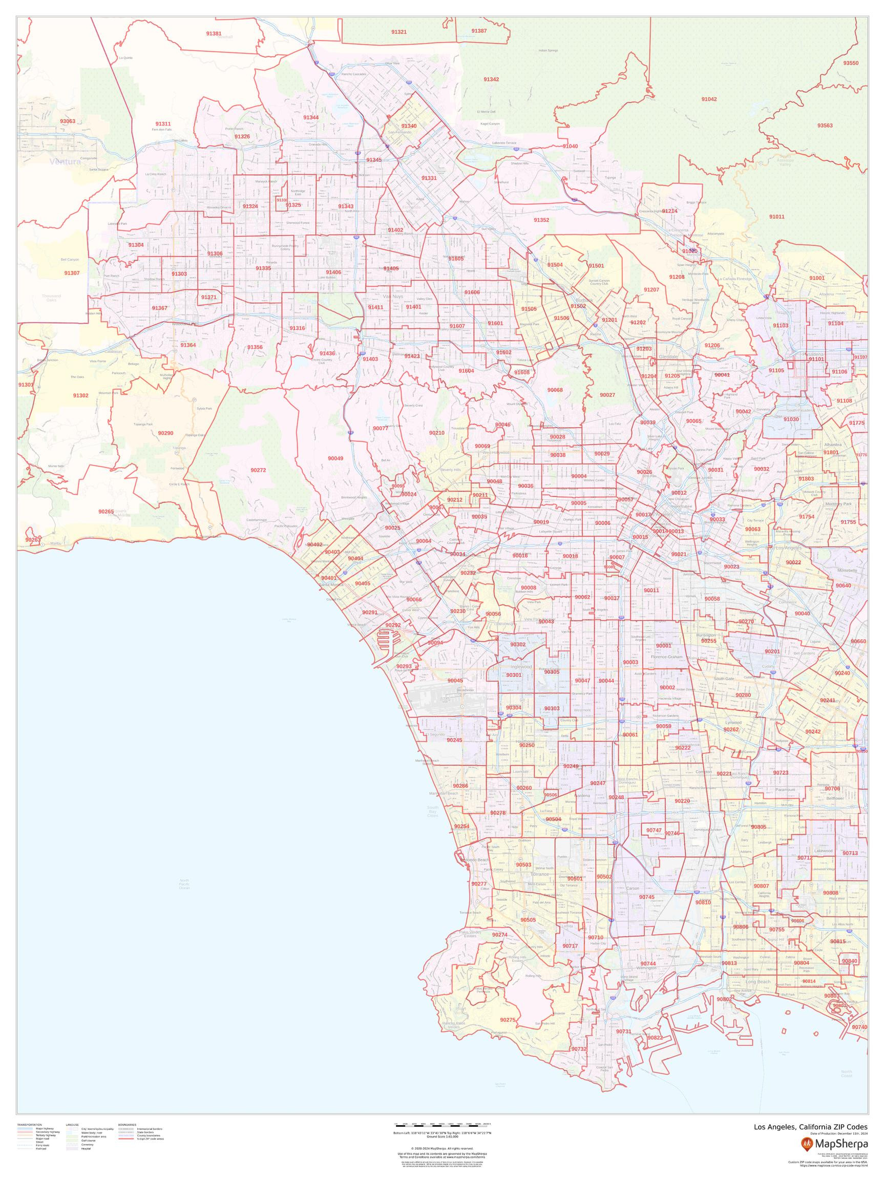 Los Angeles, California ZIP Codes Wall Map