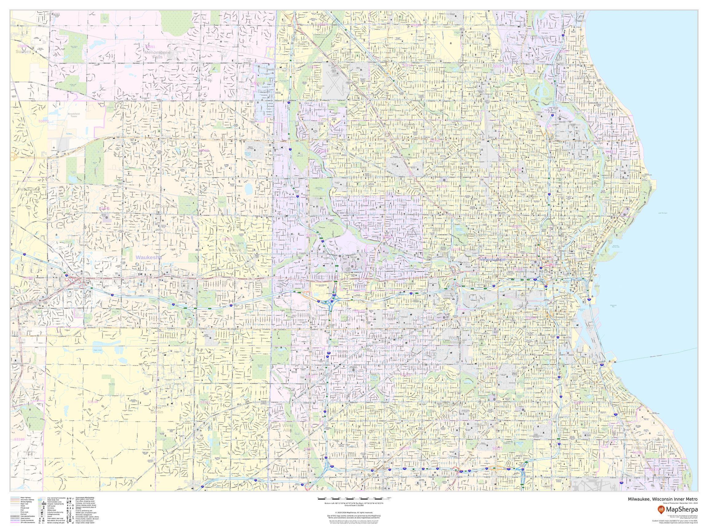 Milwaukee, Wisconsin Inner Metro - Landscape Wall Map
