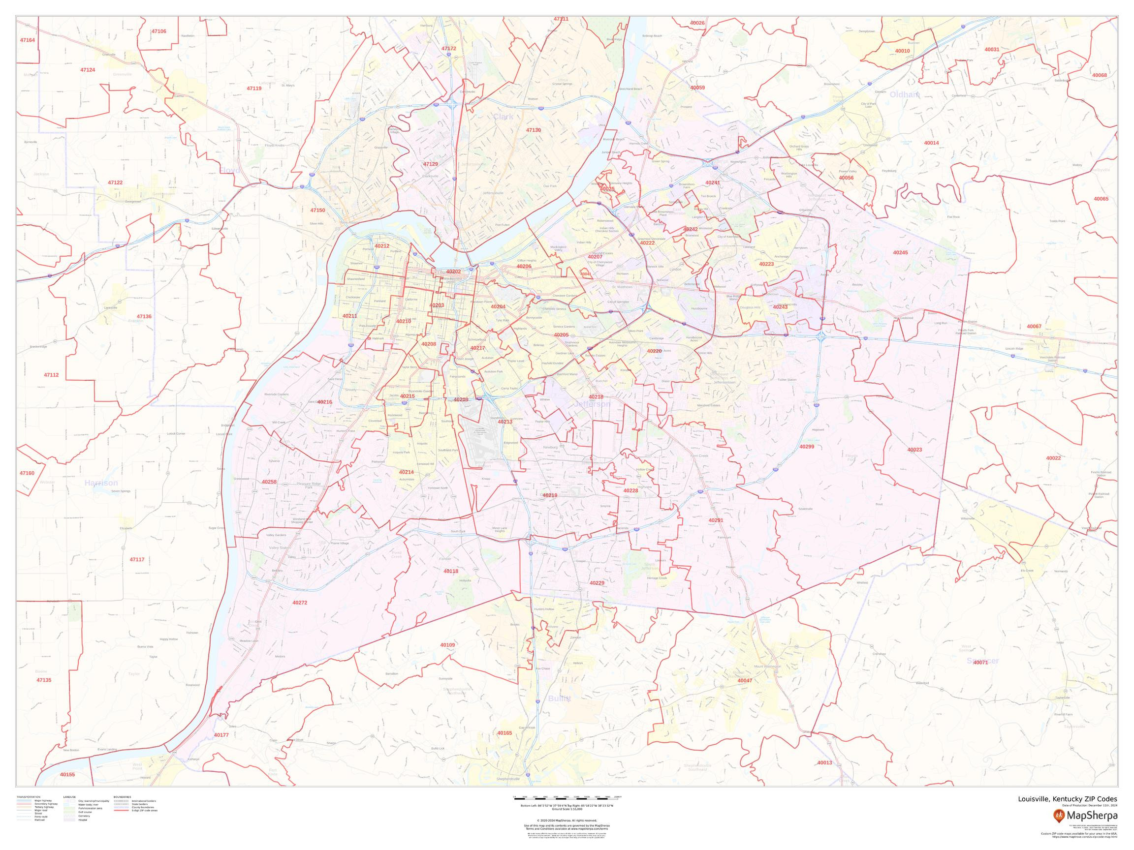 Louisville, Kentucky ZIP Codes Wall Map
