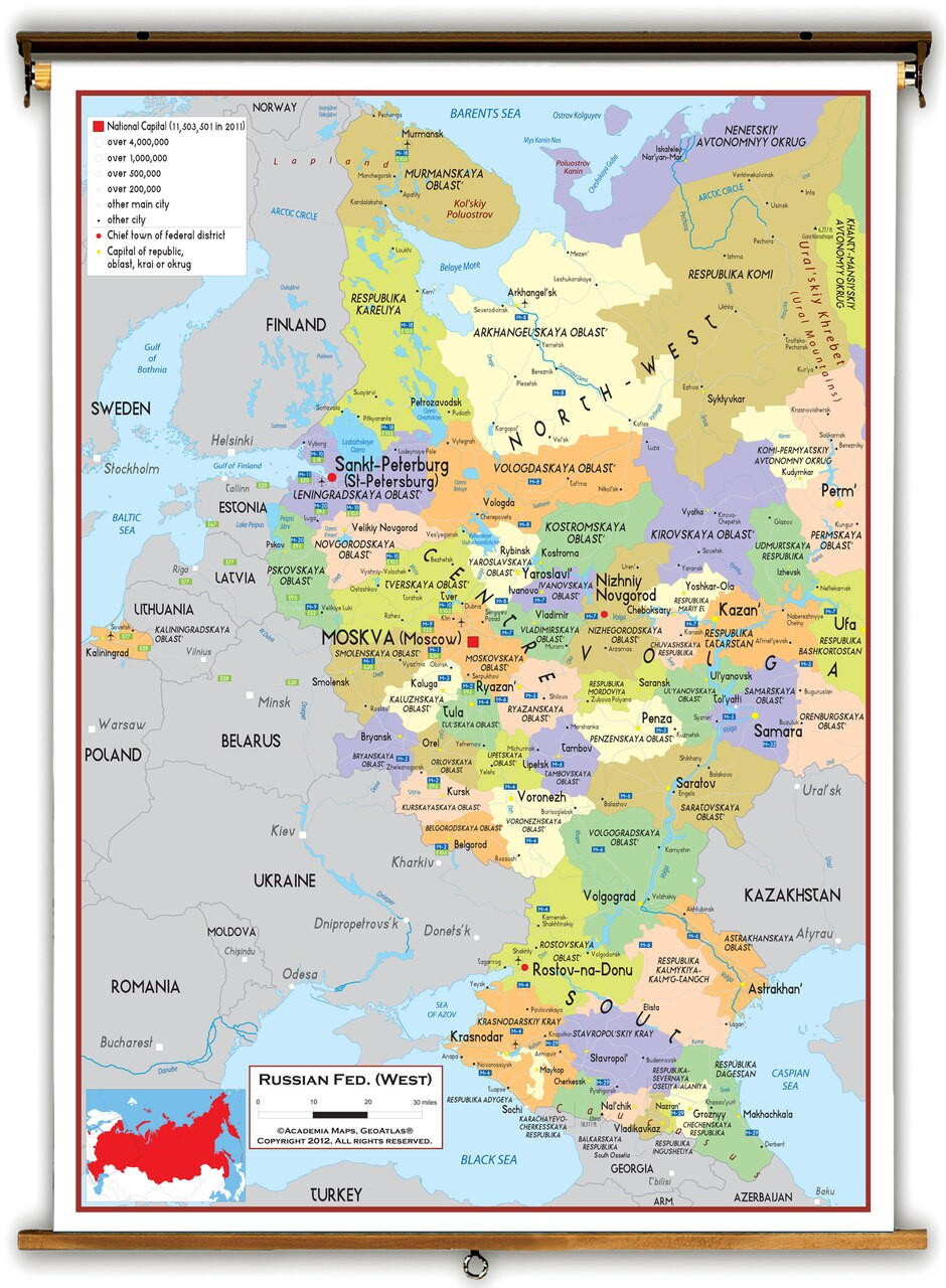 Russia (Western) Political Educational Map from Academia Maps | World ...