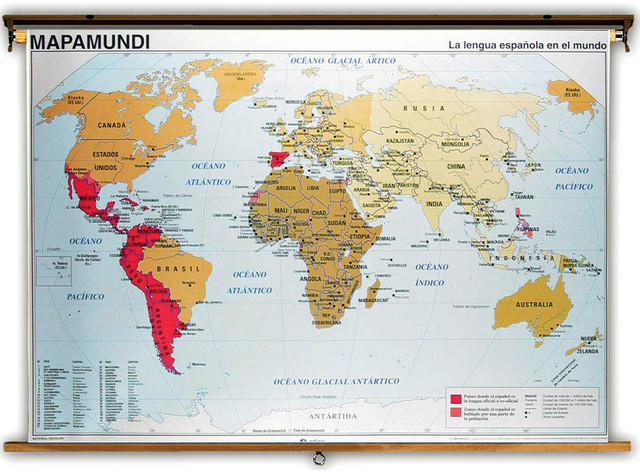 Spanish Language World Political & Physical Map on Spring Roller from ...