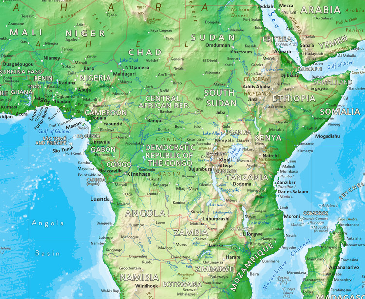 Detailed World Physical Wall Map - Pacific Centered at 150 E | World ...