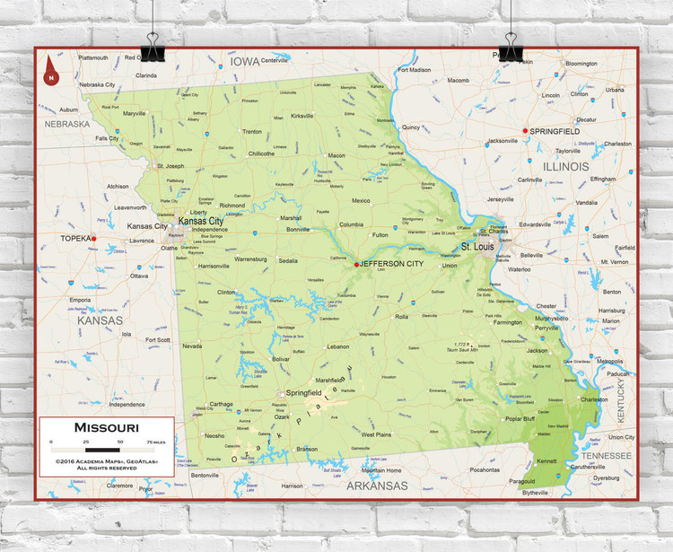 Missouri Wall Map - Physical | World Maps Online
