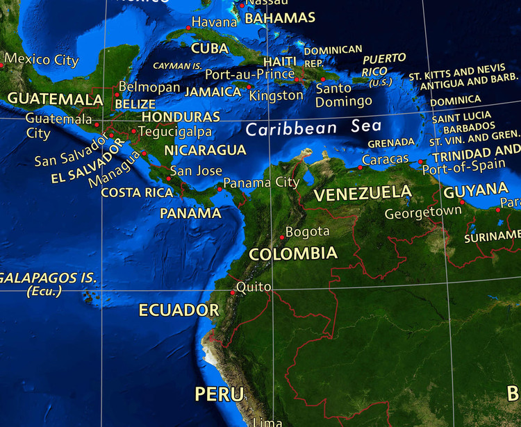 World Satellite Image Map - Topography & Bathymetry - Oblique Mercator ...