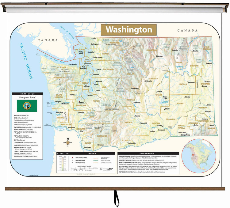 Washington State Large Shaded Relief Map on Spring Roller from Kappa ...
