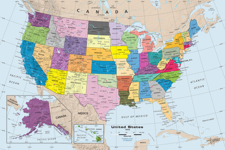 United States Colorful Political Map Wall Mural - Removable Wallpaper ...