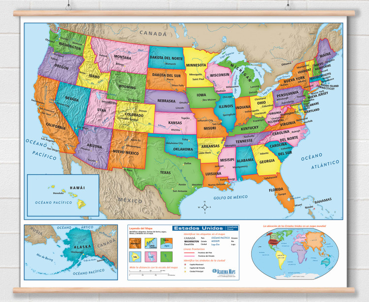 U.S. Spanish Language Early Learner Spring Roller Map | World Maps Online