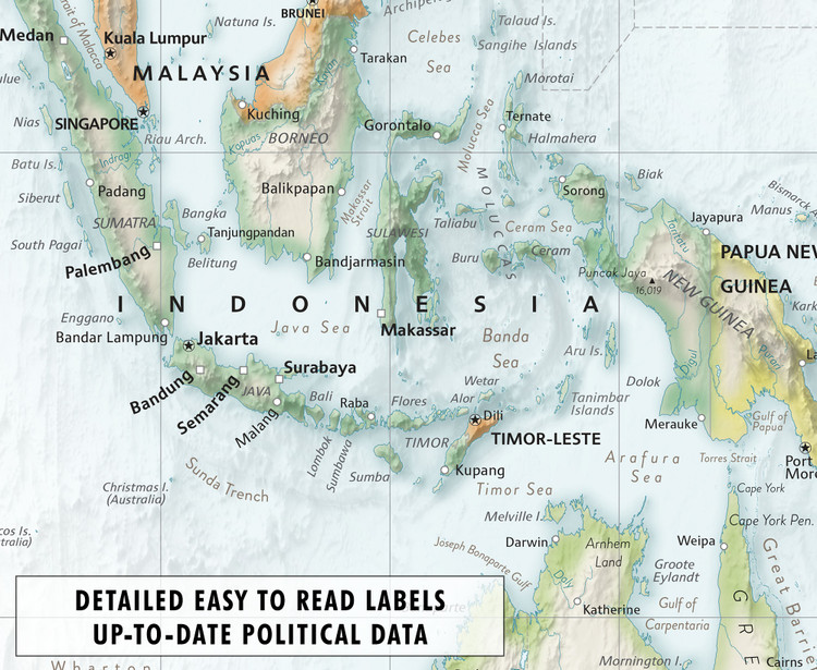 Gall-Peters Projection World Wall Map Close-up View