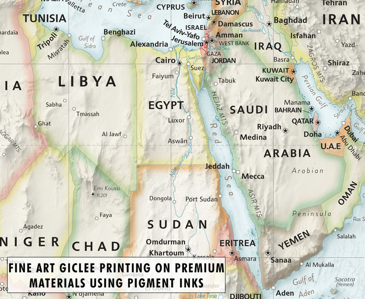 Gall-Peters Projection World Wall Map Close-up View