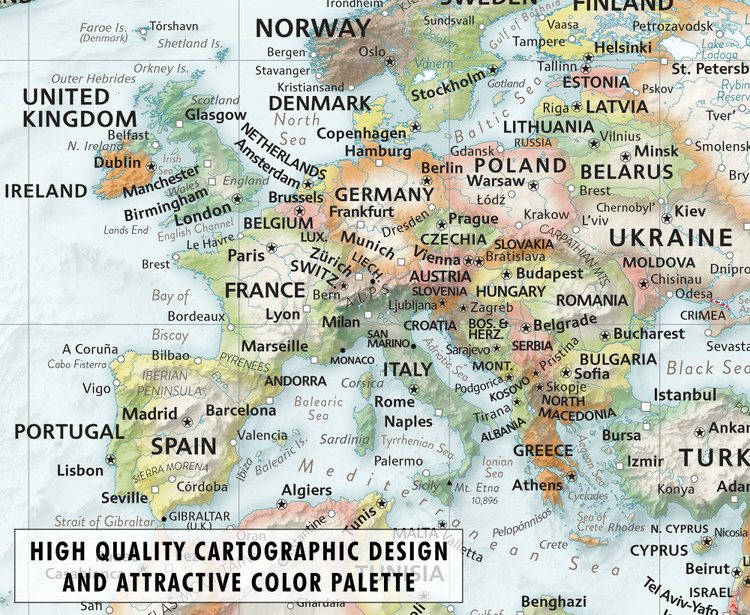 Gall-Peters Projection World Wall Map Close-up View
