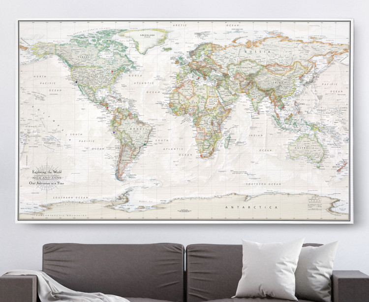 World Wanderer Soft Tones and Parchment Oceans Push Pin World Map