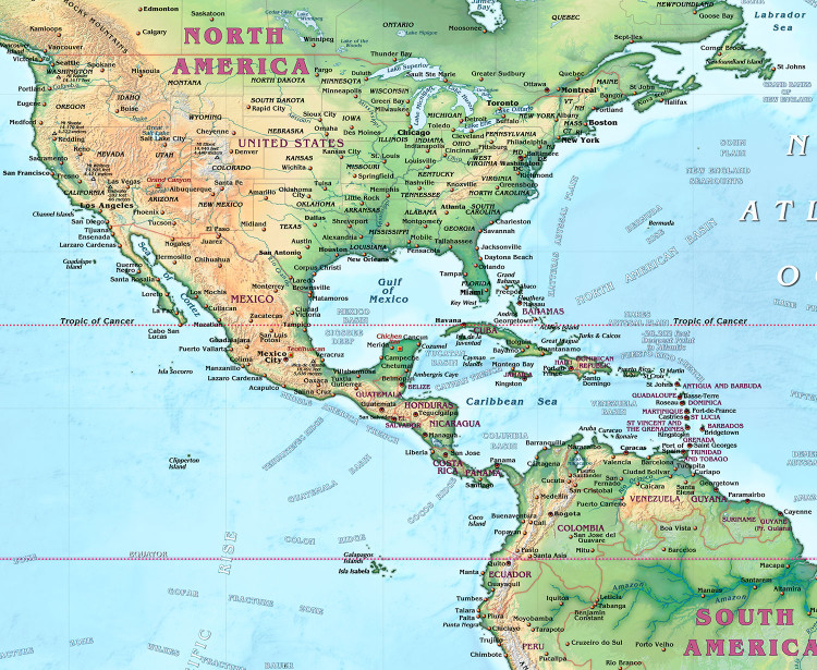 World Physical Wall Map Pacific Centered Wonders of the World by ...