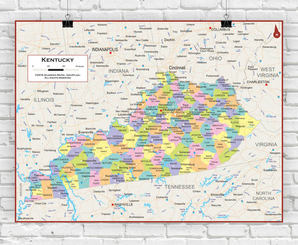 Kentucky Wall Map - Political | World Maps Online