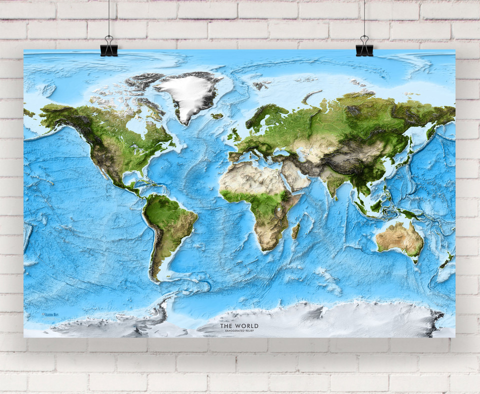 Equal Earth World Wall Map - Physical Exaggerated Shaded Relief