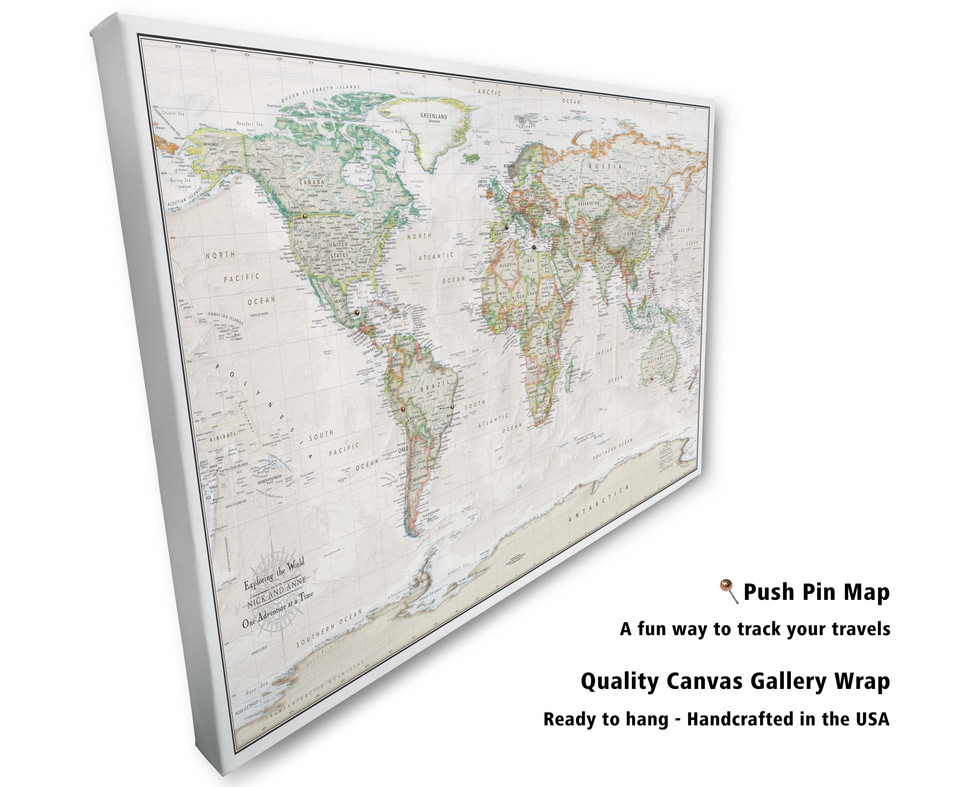 World Wanderer Soft Tones and Parchment Oceans Push Pin World Map