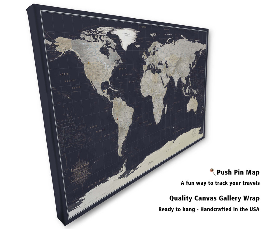 Earth Tones Navy Push Pin World Travel Map