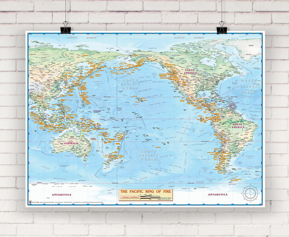 Ring of Fire Physical Wall Map w/ Volcano Locations | World Maps Online