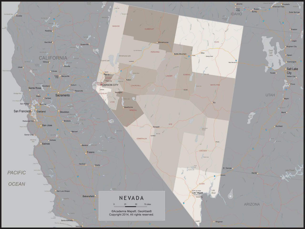 Nevada Wall Map - Executive | World Maps Online