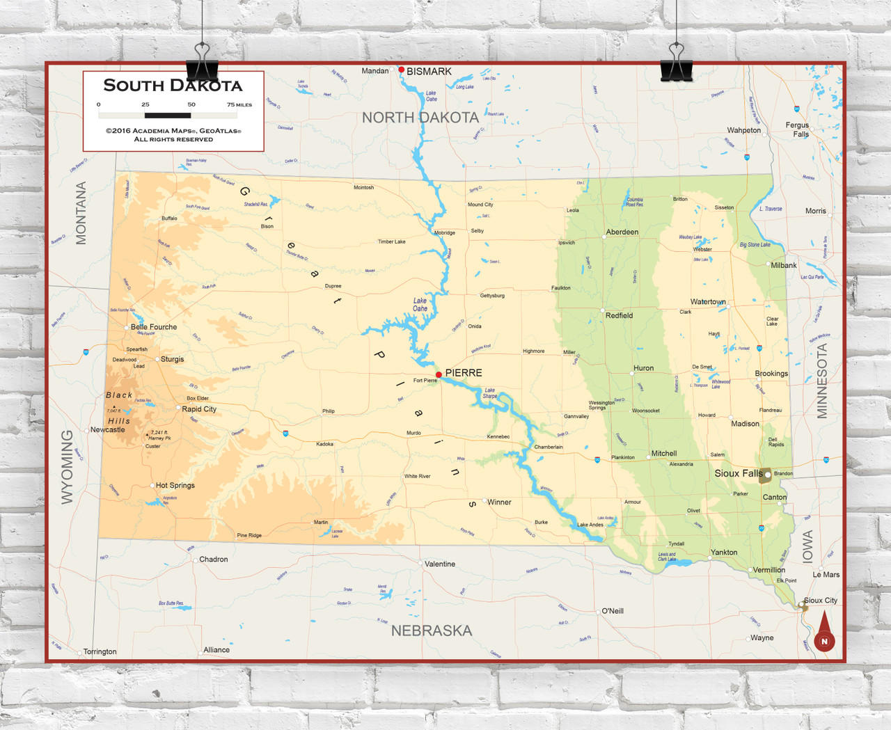 South Dakota Wall Map - Physical | World Maps Online