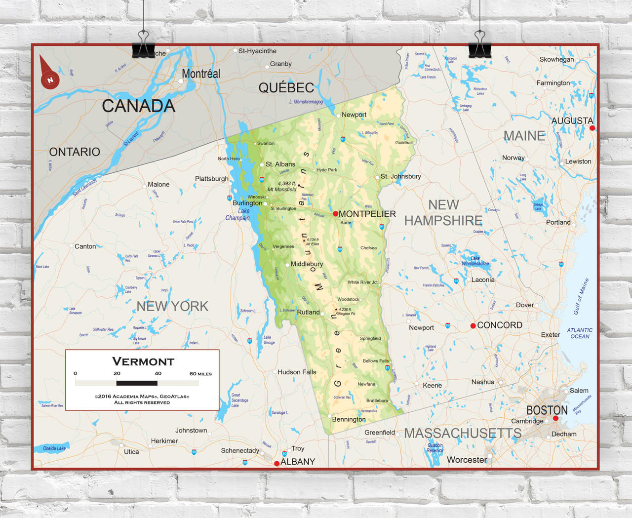 Vermont Wall Map - Physical | World Maps Online