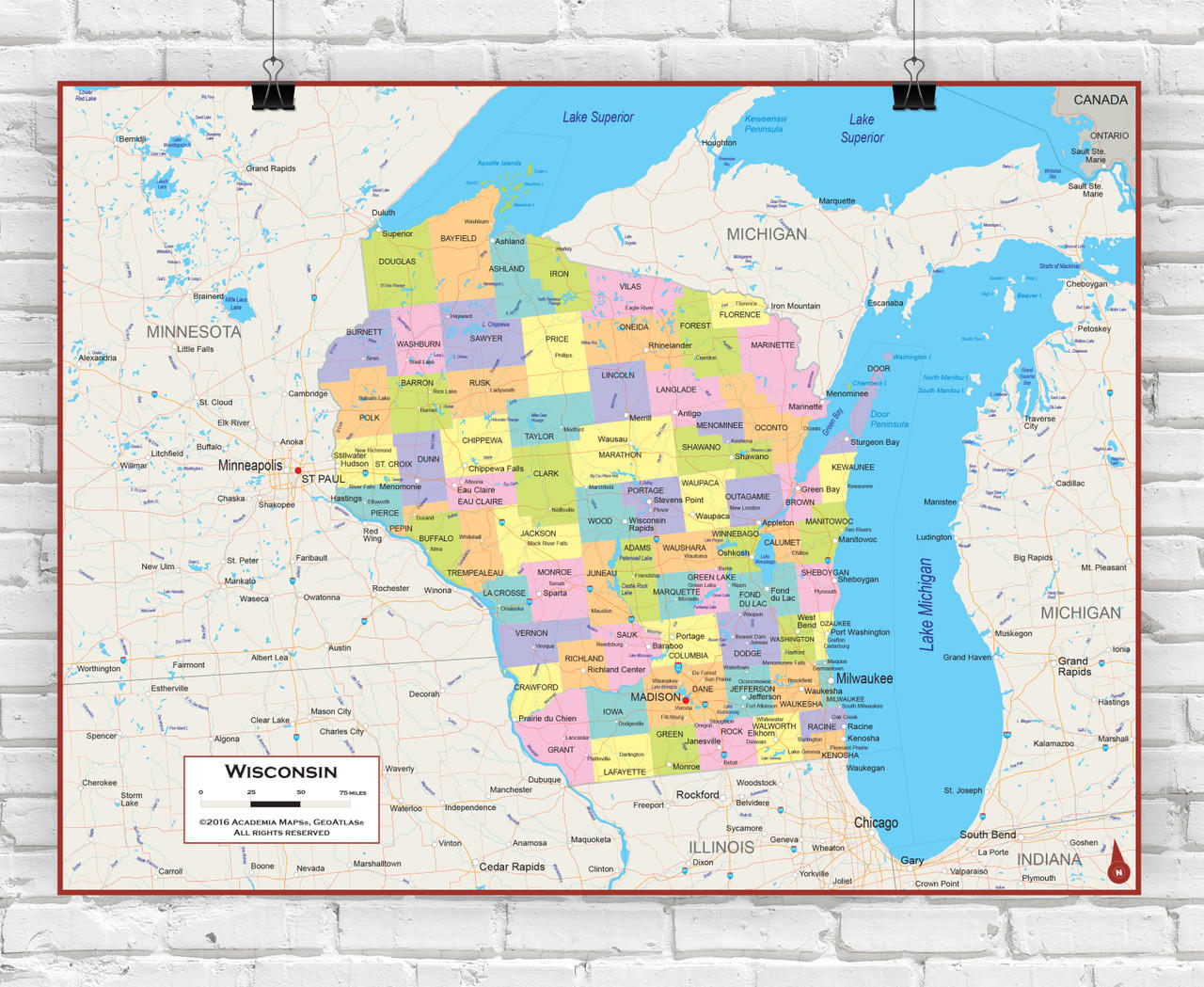 Wisconsin Wall Map - Political | World Maps Online