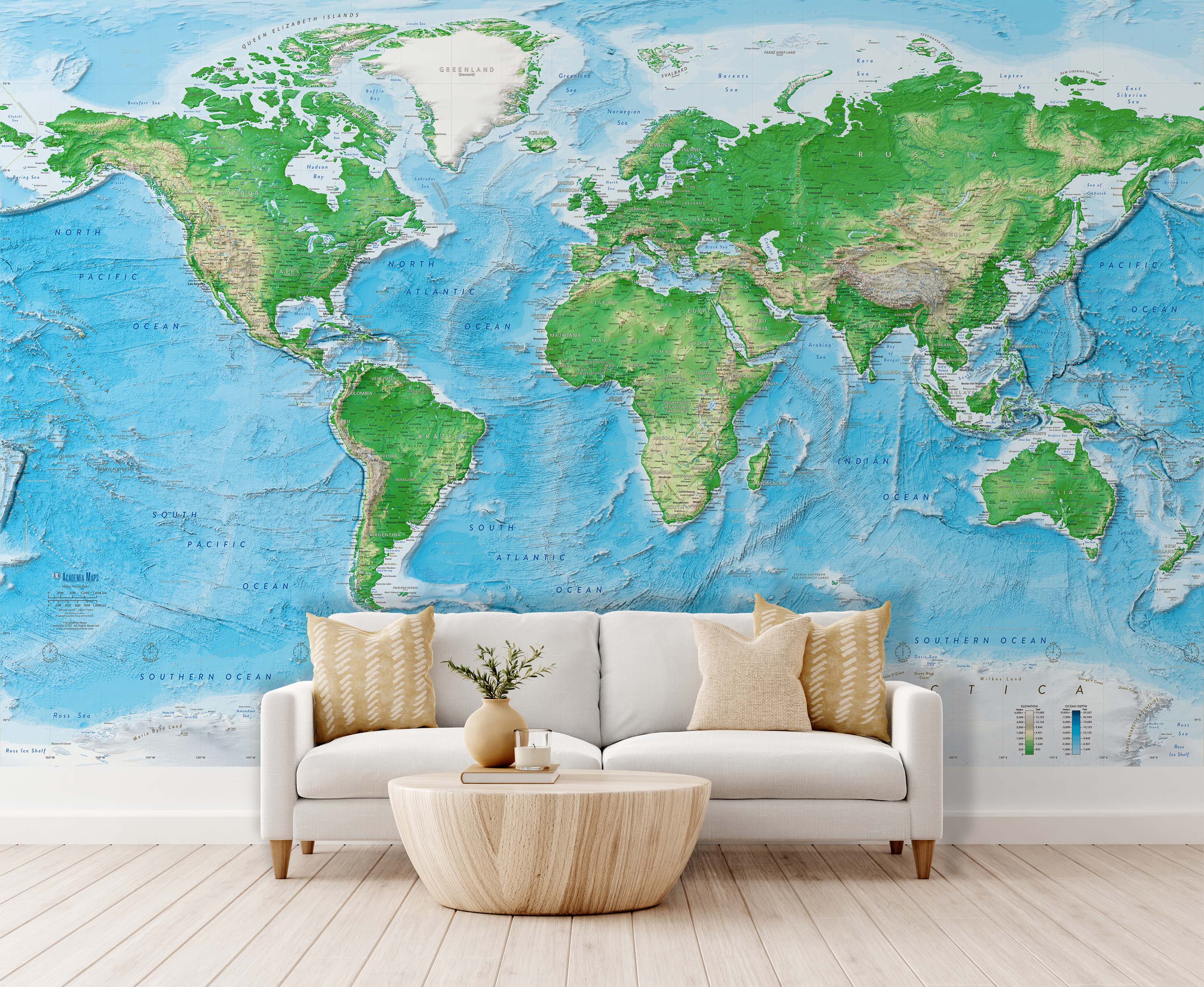 Detailed World Physical Map Mural - Peel & Stick Wallpaper | World Maps ...