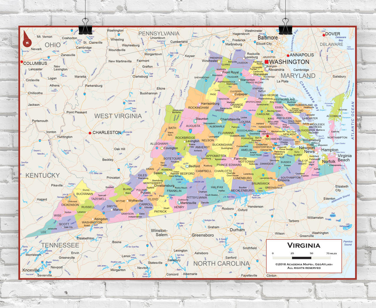 Virginia Wall Map - Political | World Maps Online