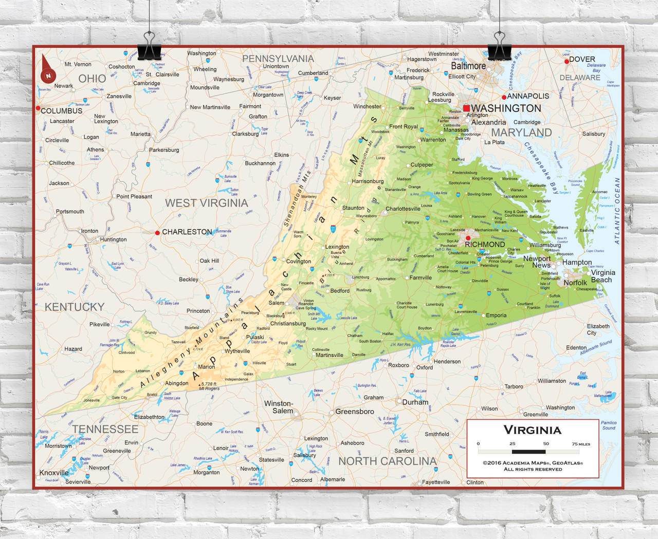 Virginia Wall Map - Physical | World Maps Online