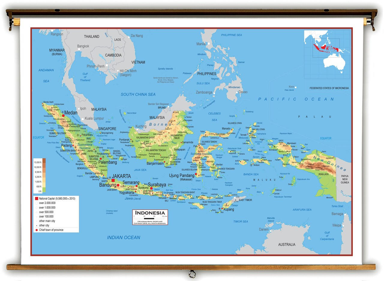 Indonesia Physical Educational Map from Academia Maps | World Maps Online