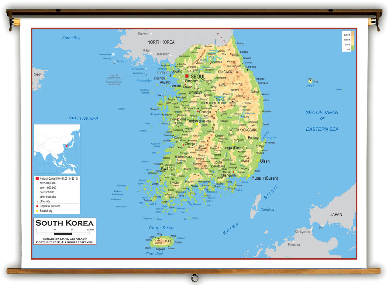 South Korea Physical Educational Map from Academia Maps | World Maps Online
