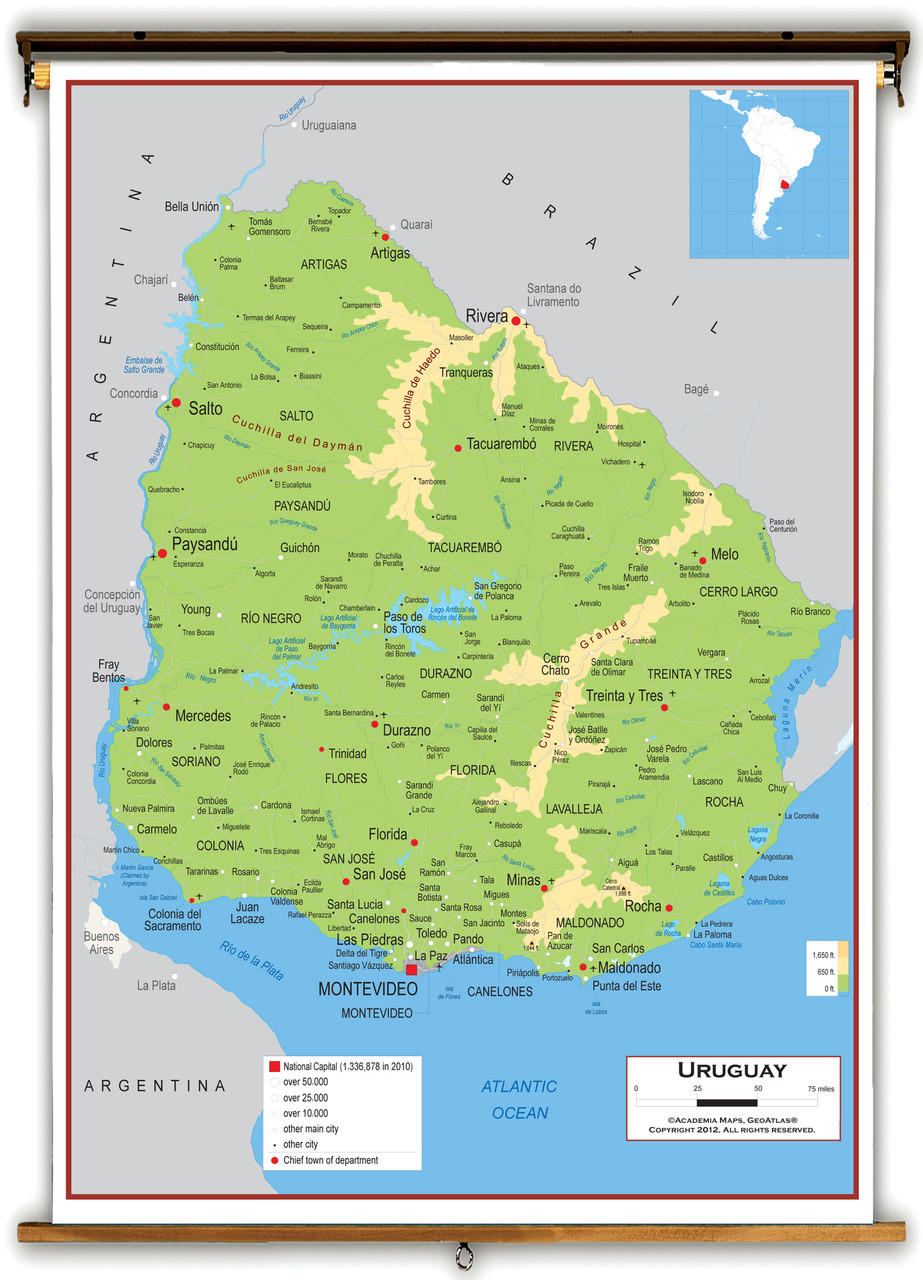 Uruguay Physical Educational Wall Map from Academia Maps | World Maps ...