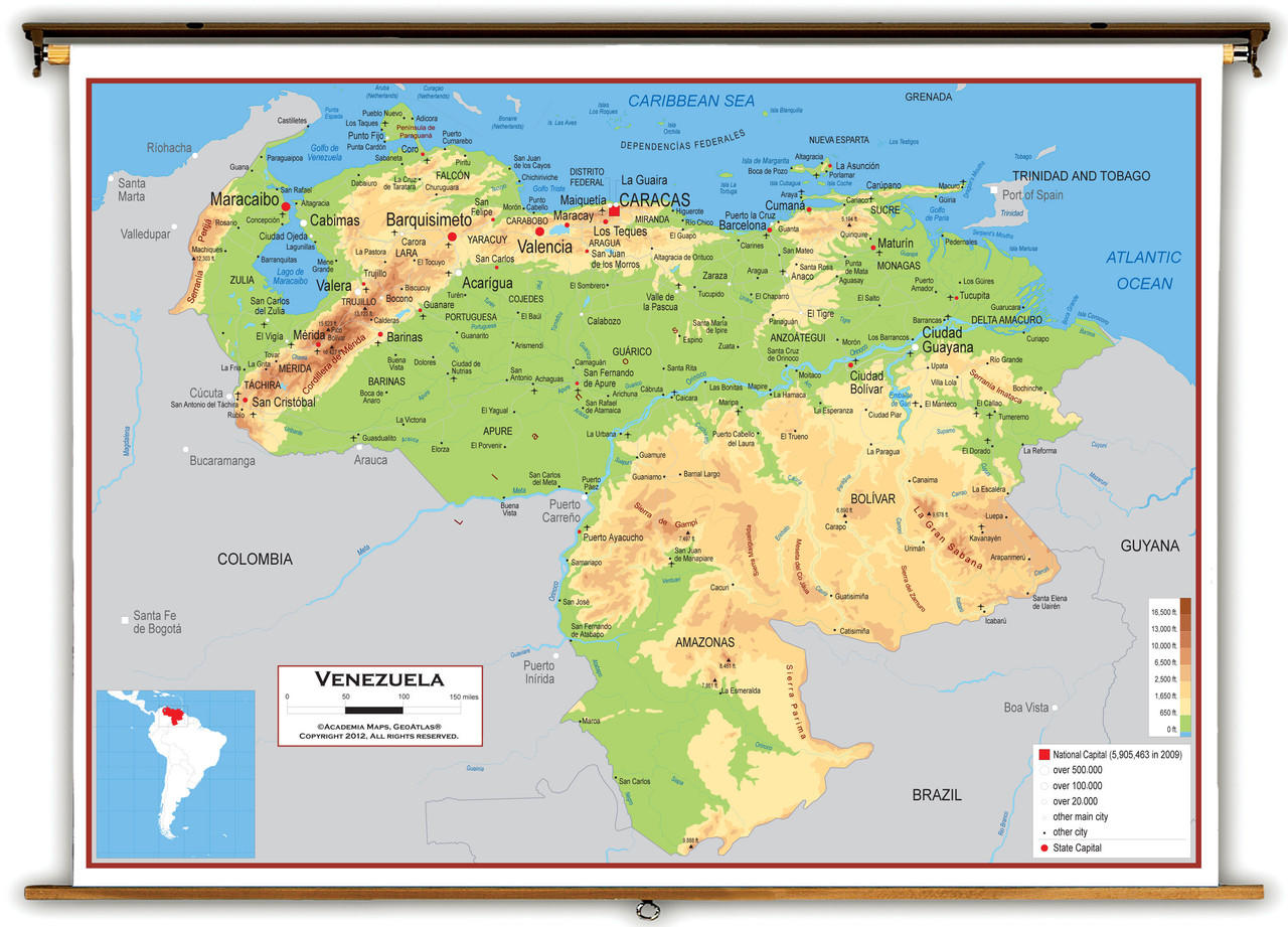 Venezuela Physical Educational Wall Map from Academia Maps | World Maps ...