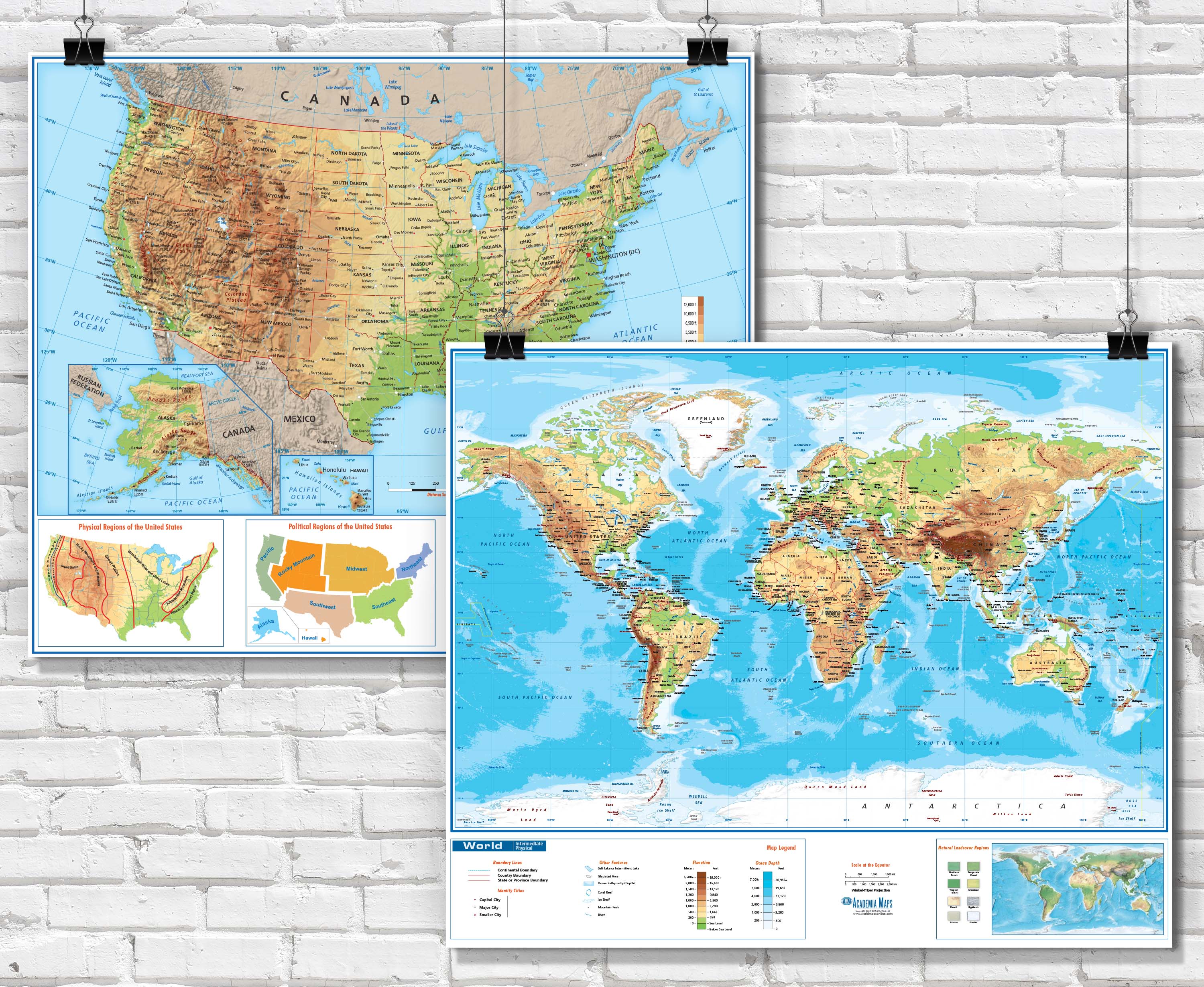 Intermediate U.S. & World Physical Classroom Wall Map Set | World Maps ...