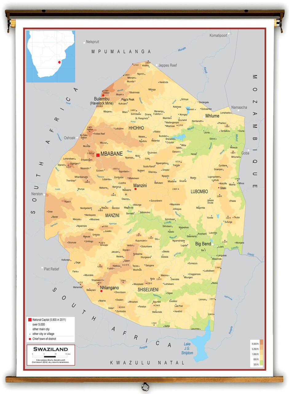 Swaziland Physical Educational Map from Academia Maps | World Maps Online